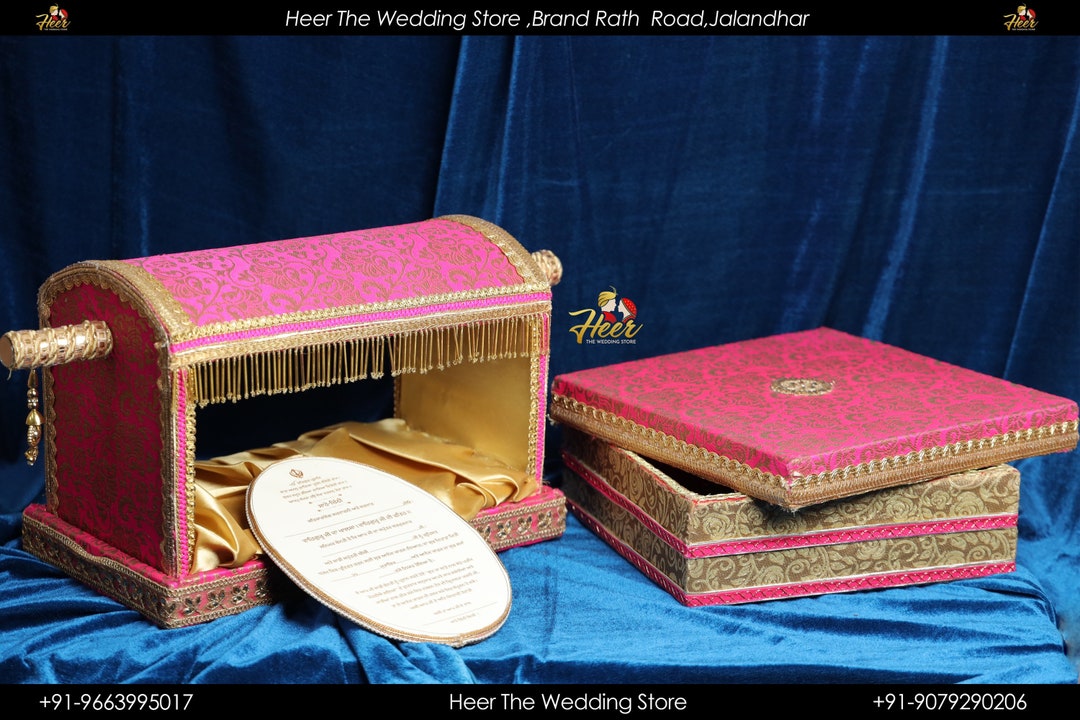 Hot Pink Brocade Dholi Sahi Chithi With Mithai Box, Sahe Chithi by Heer ...