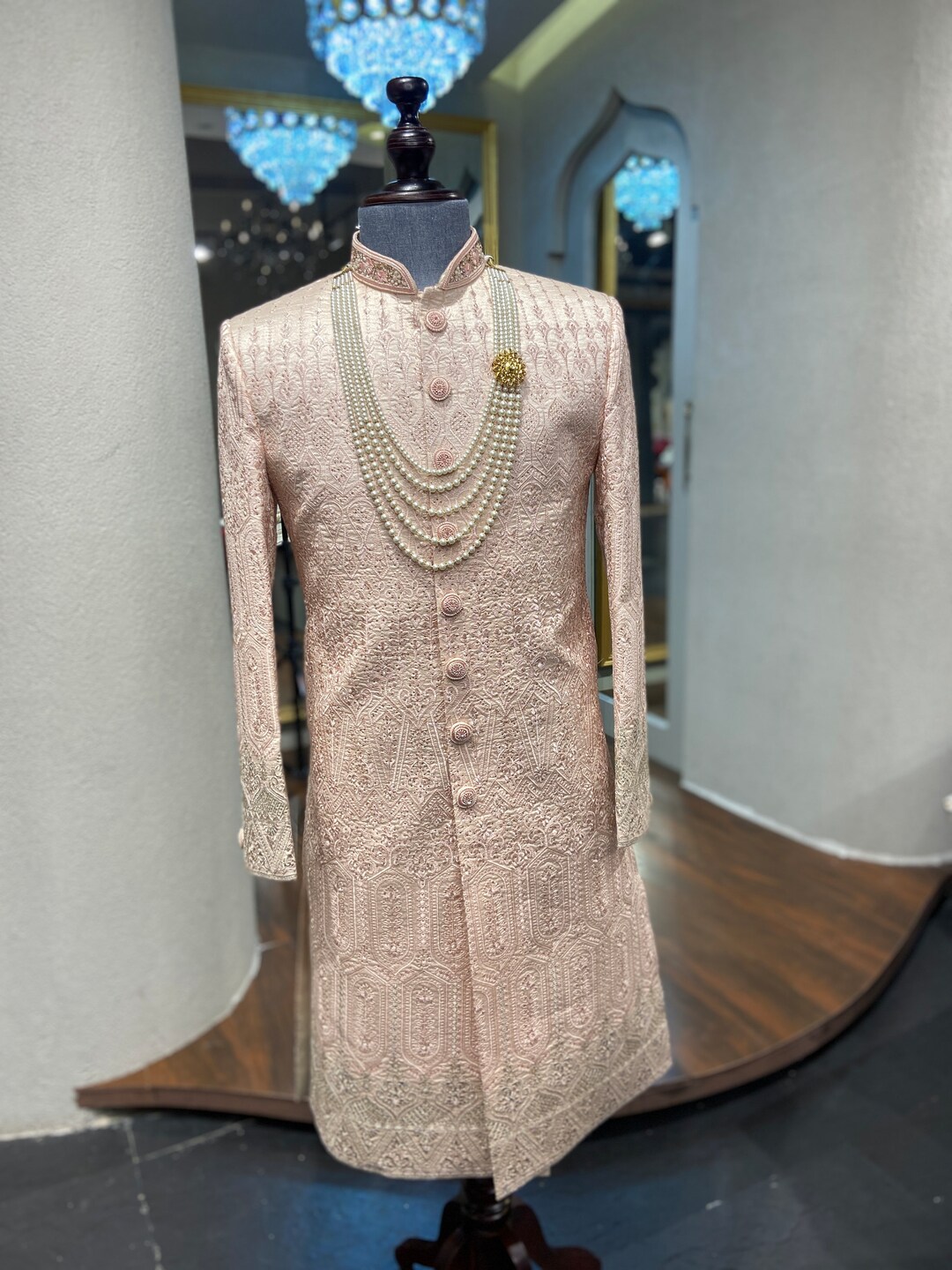 Ruffana Peach Resham Handwork Mens Sherwani, Achkan - Etsy