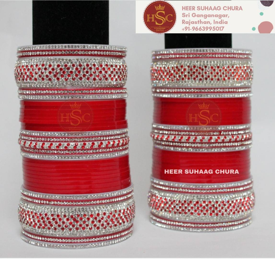 Red White Stone Embedded Punjabi Chooda Wedding Bangle Set - Etsy UK