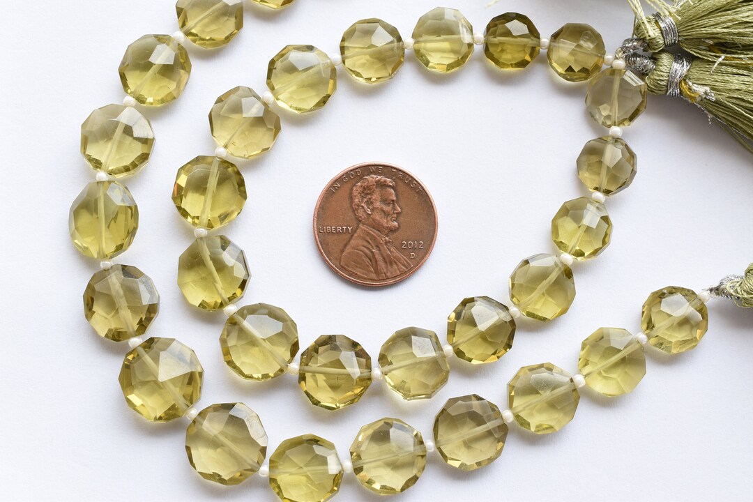 7 Inches OLIVE QUARTZ FACETED Tumble Round Shape Natural Gemstone ...