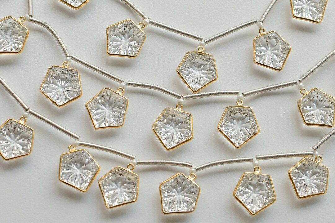 10 Pieces Crystal Quartz Pentagon Radiant Back Carved 18K Gold Vermeil ...