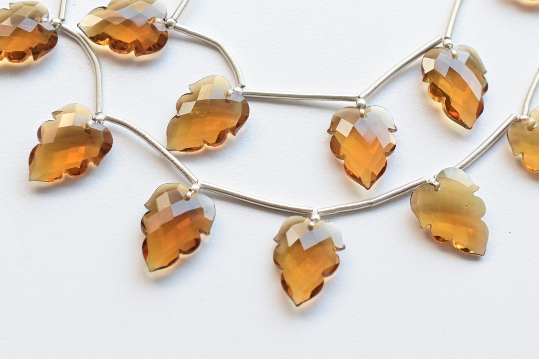 10 Pieces Cognac Quartz Carved Leaf Checker Cut Beads Natural Gemstone ...