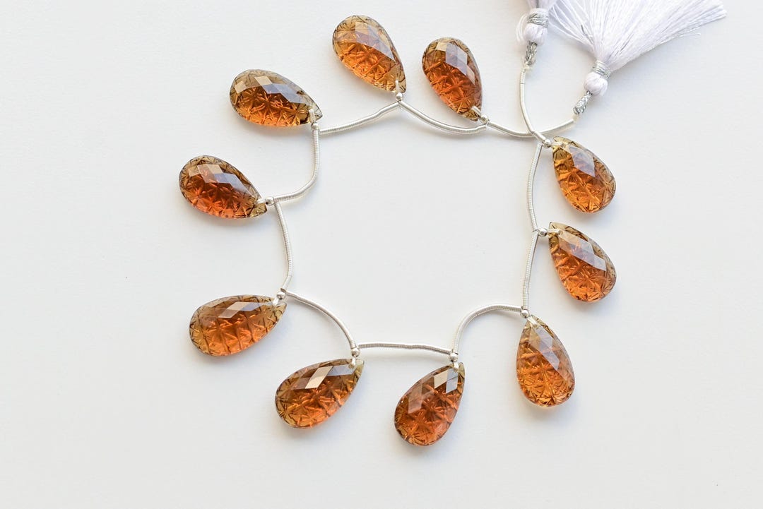 10 Pieces Cognac Quartz Pear Intersection Checker Cut Natural Gemstone ...