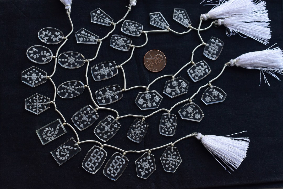 10 Pieces Crystal Quartz Back Carved Mix Flat Crown Cut Beads Natural ...