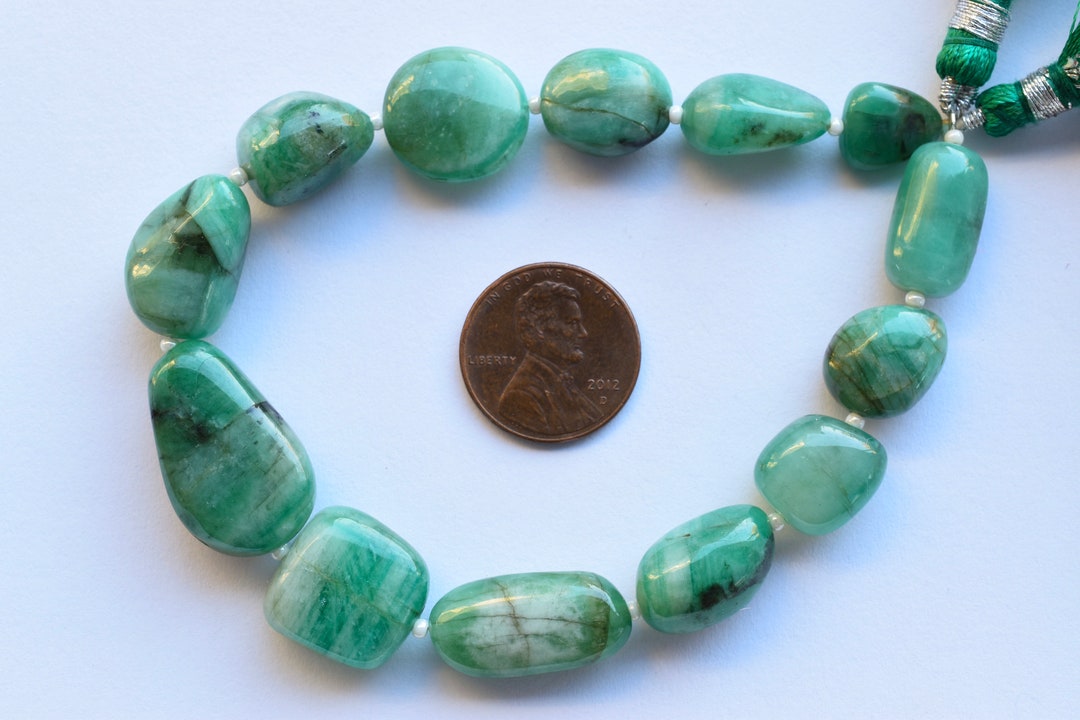 8 Inches Emerald Smooth Tumble Beads Center Drill Natural Gemstone ...