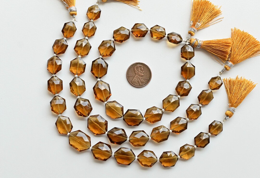 8 Inches Cognac Quartz Hexagon Rose Cut Faceted Briolette Beads Natural ...