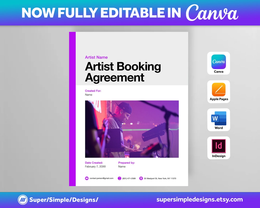 Canva Printable Artist Musician Booking Agreement Template Written ...