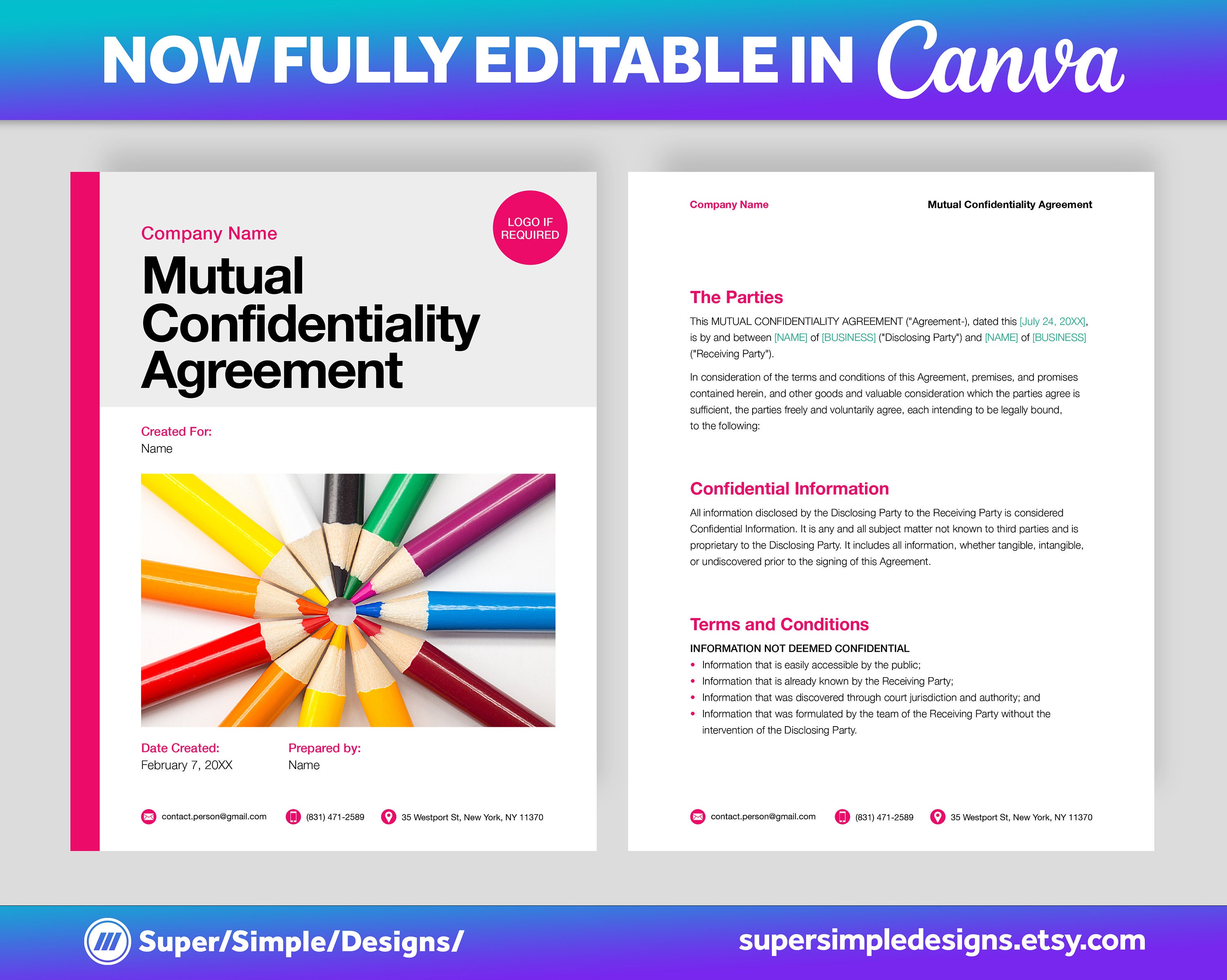 Canva Mutual Confidentiality Agreement Template Written Printable ...