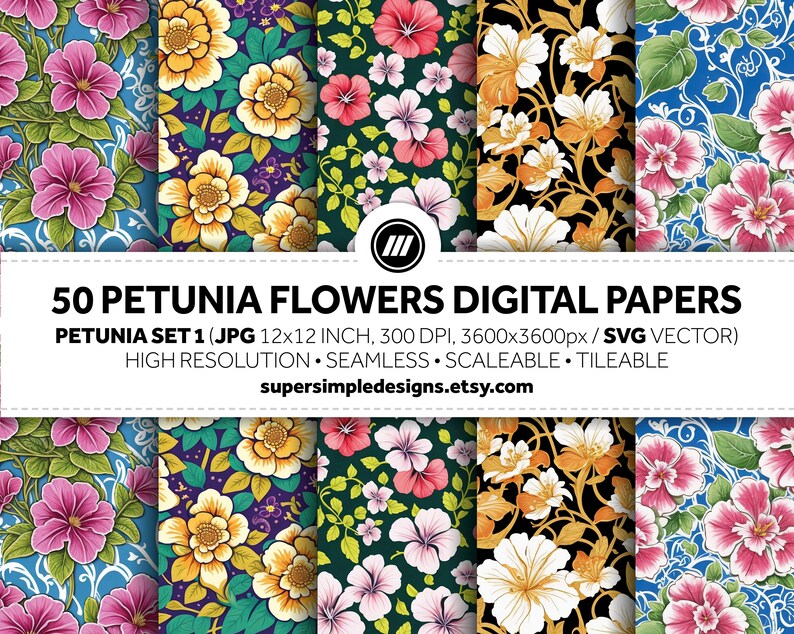 Pretty Petunia Pattern: Set 1 of 50+ Petunia Floral Digital Papers ...