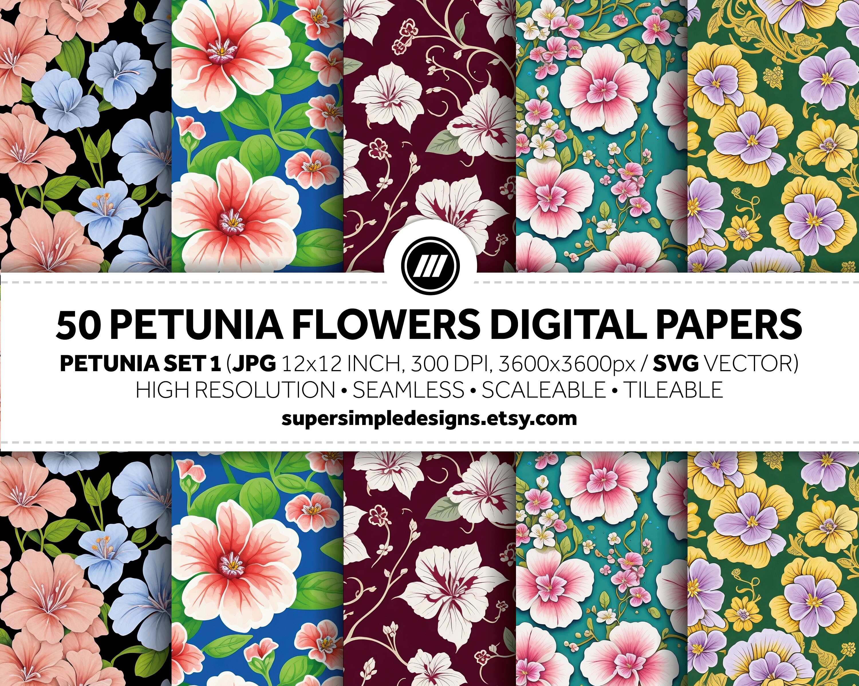 Pretty Petunia Pattern: Set 1 of 50+ Petunia Floral Digital Papers ...