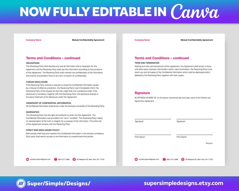 Canva Mutual Confidentiality Agreement Template Written Printable ...