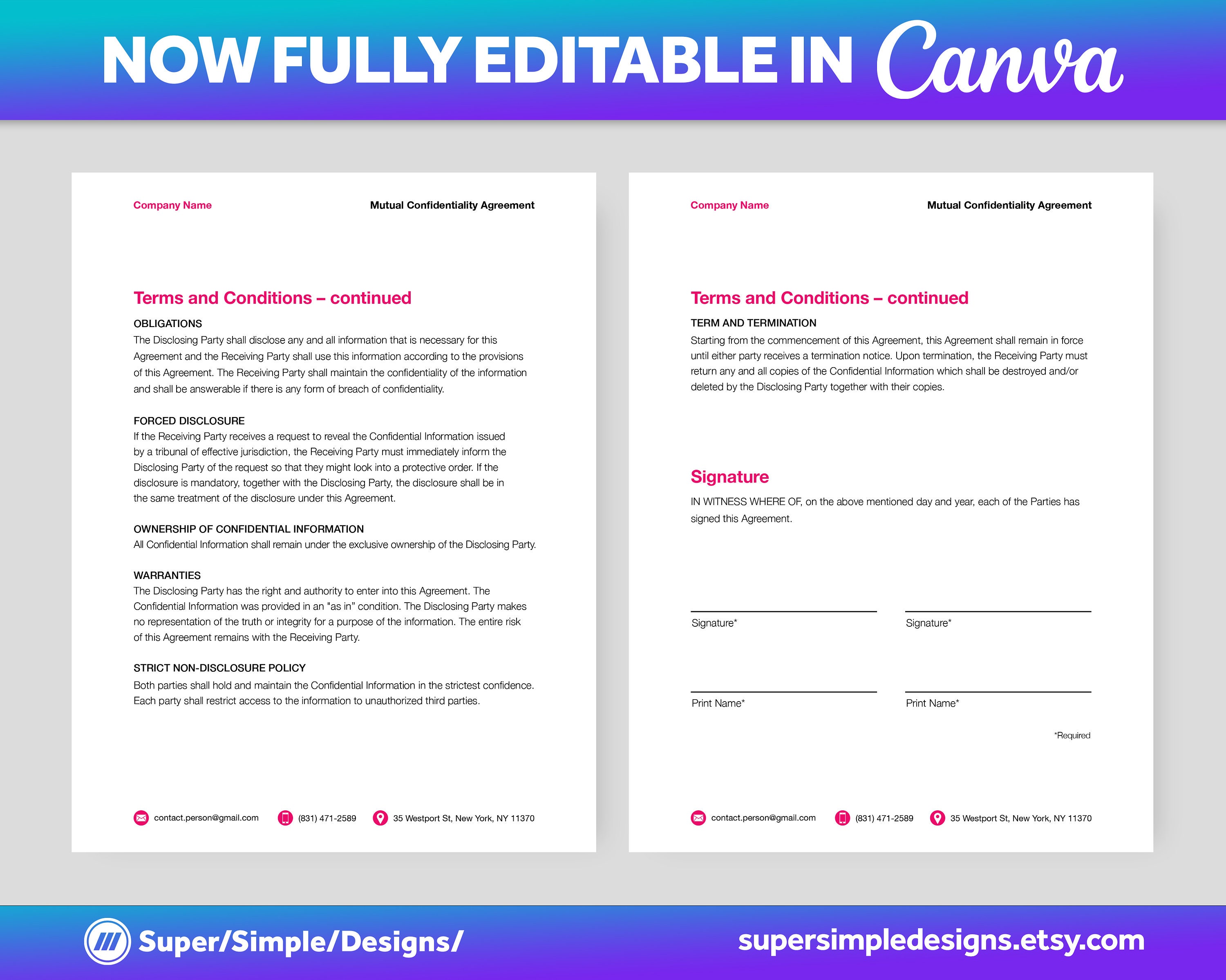 Canva Mutual Confidentiality Agreement Template Written Printable ...