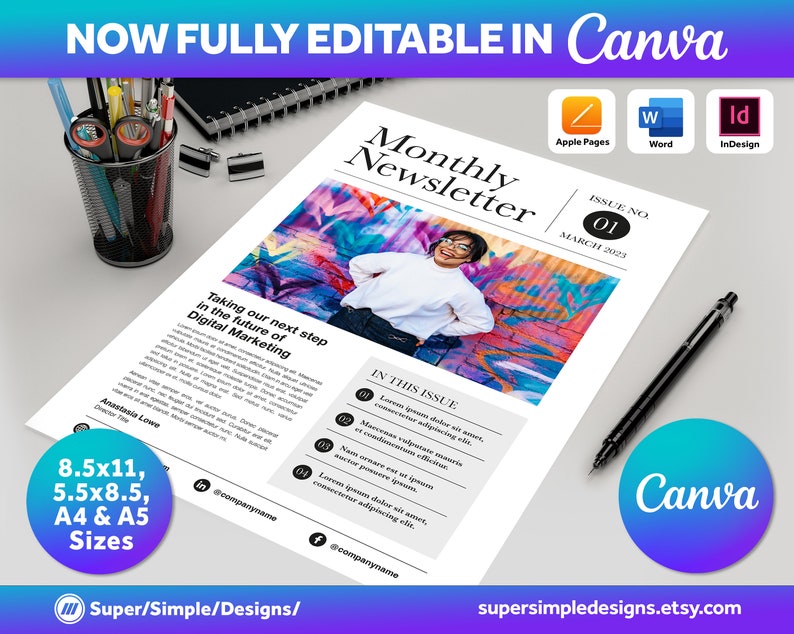 Canva Newsletter Single and Double Page Template | 8.5x11, 5.5x8.5, A4 ...