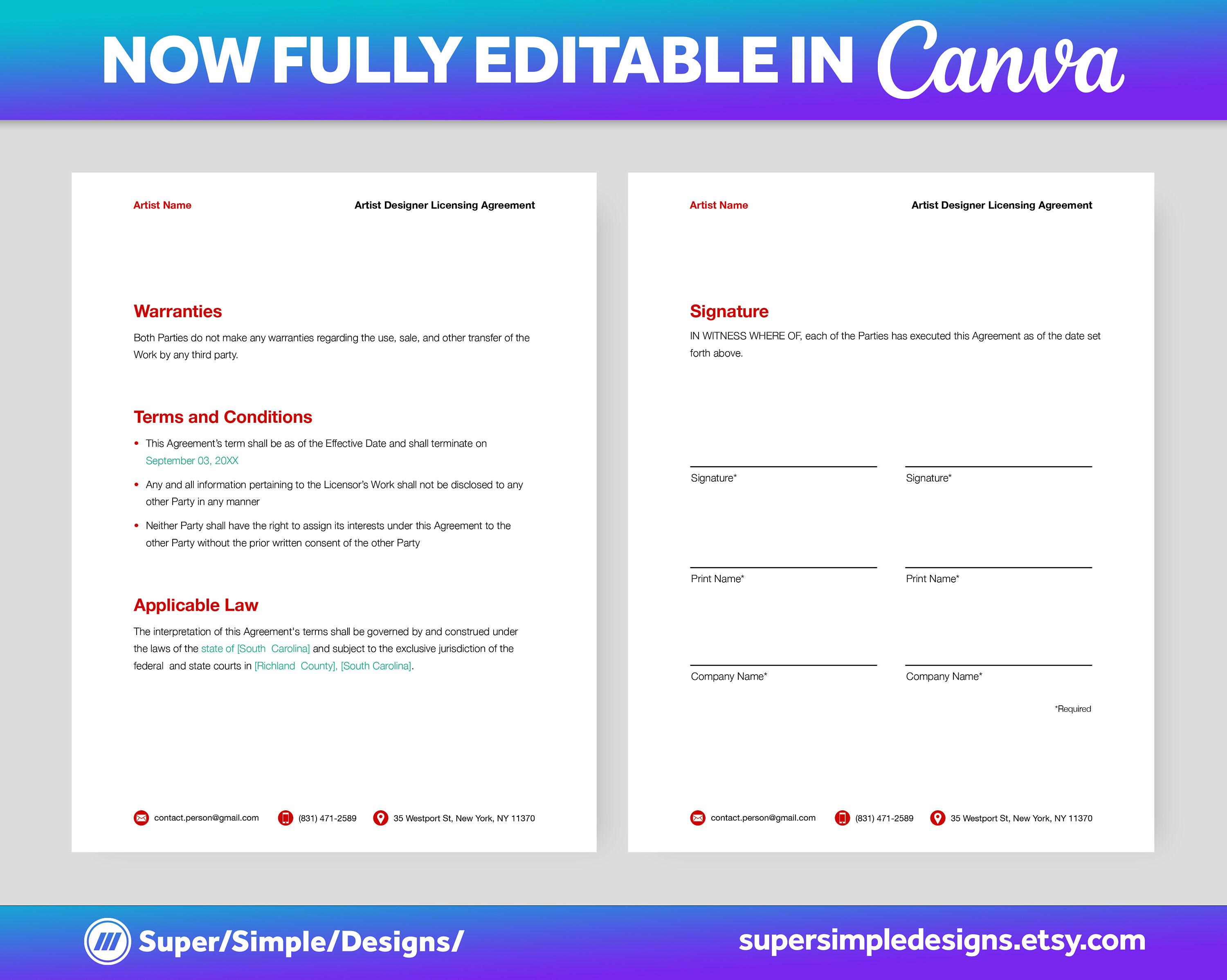 Canva Artist Designer Licensing Agreement Template Fully Written ...