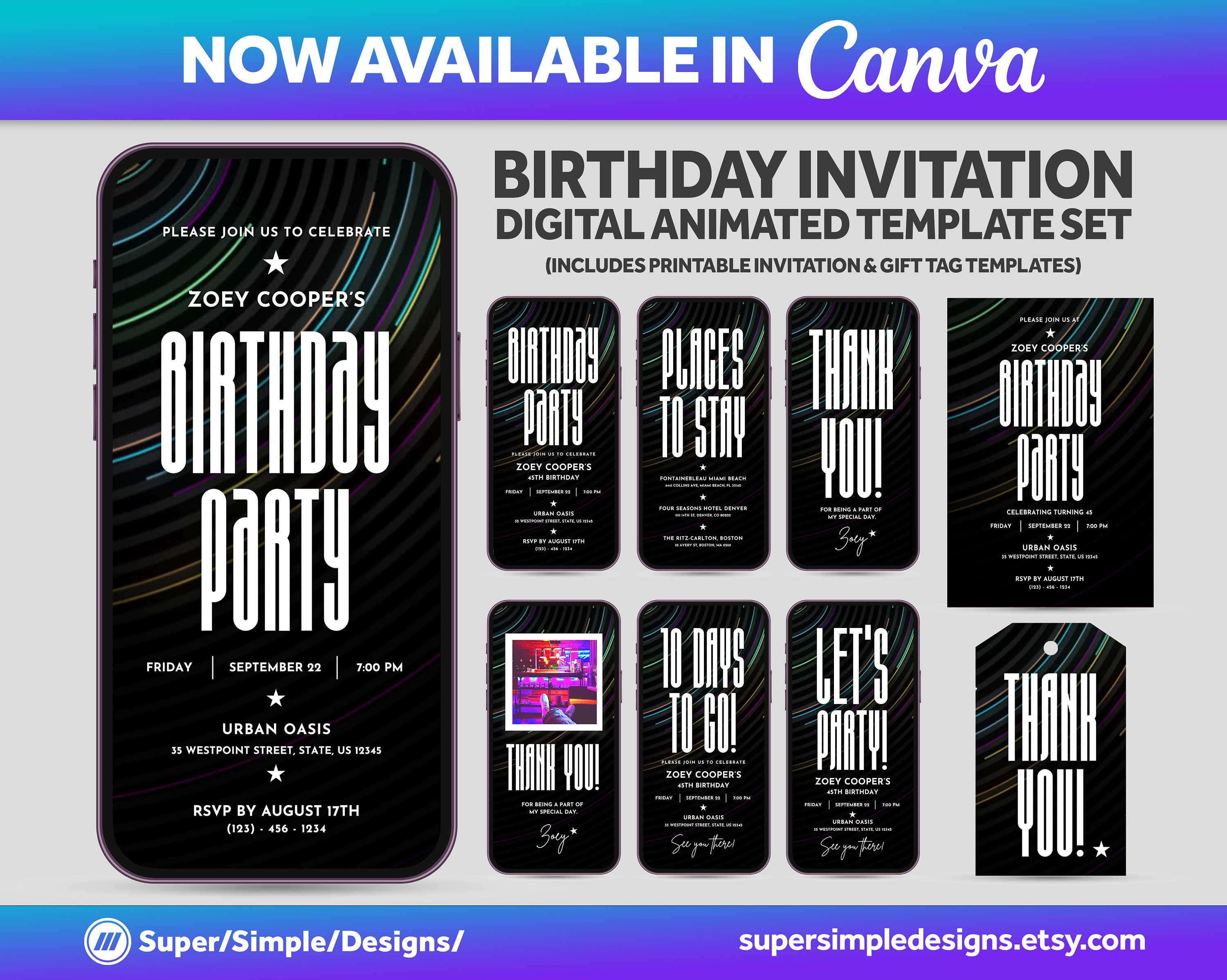Retro Spinning Lights Birthday Party Invitation Digital Canva - Etsy