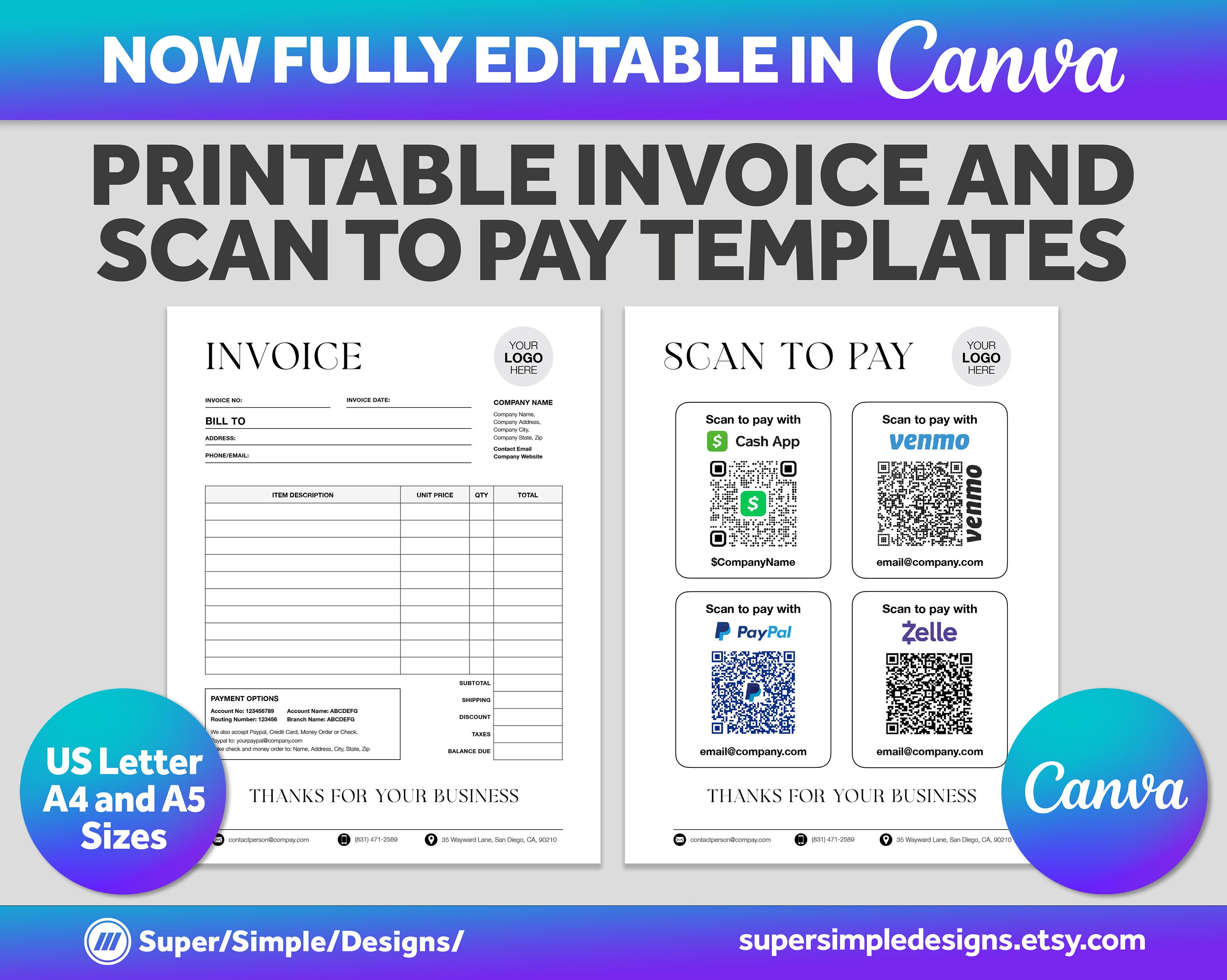 Fully Editable Canva Invoice and Scan to Pay Invoice Template Purchase ...
