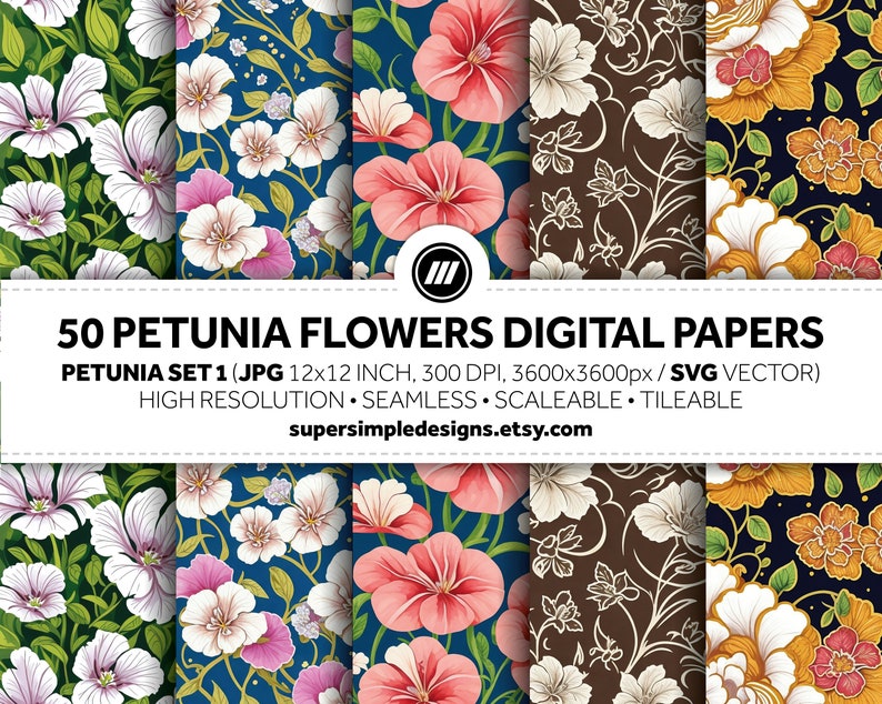 Pretty Petunia Pattern: Set 1 of 50+ Petunia Floral Digital Papers ...
