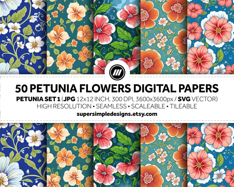 Pretty Petunia Pattern: Set 1 of 50+ Petunia Floral Digital Papers ...