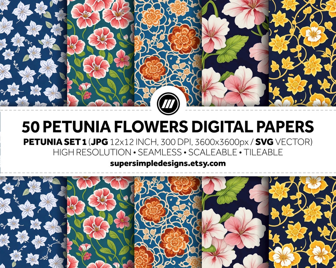 Pretty Petunia Pattern: Set 1 of 50+ Petunia Floral Digital Papers ...