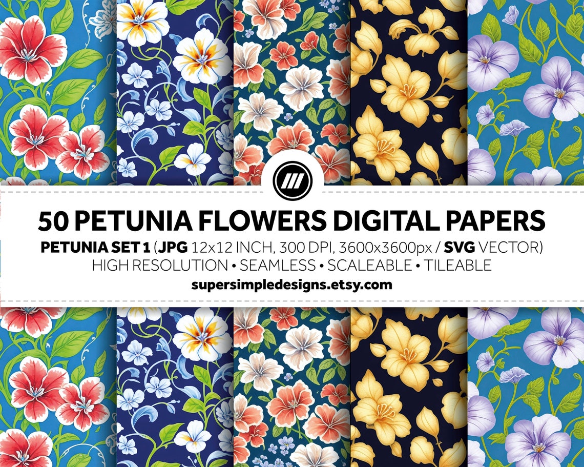 Pretty Petunia Pattern: Set 1 of 50+ Petunia Floral Digital Papers ...
