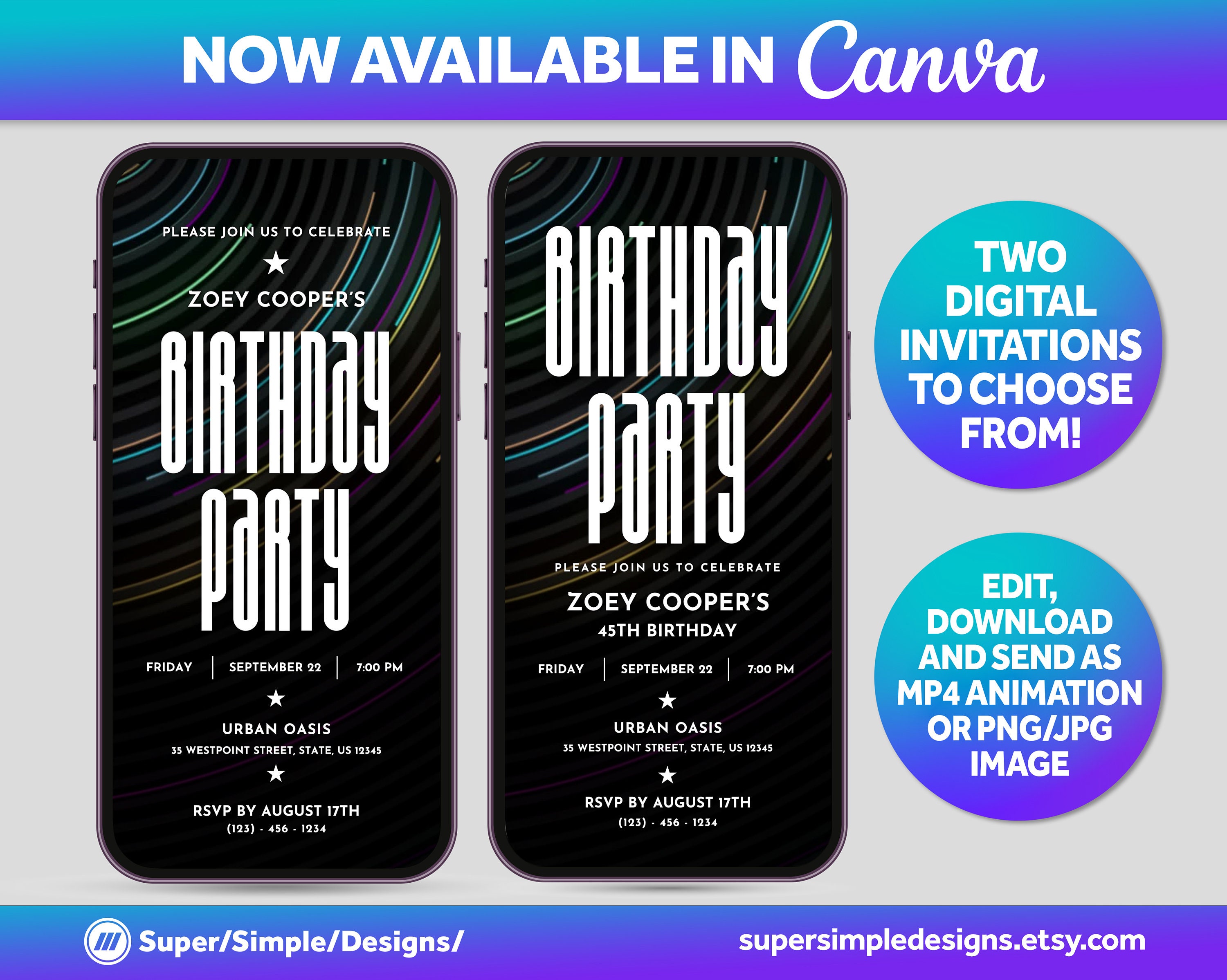 Retro Spinning Lights Birthday Party Invitation Digital Canva - Etsy
