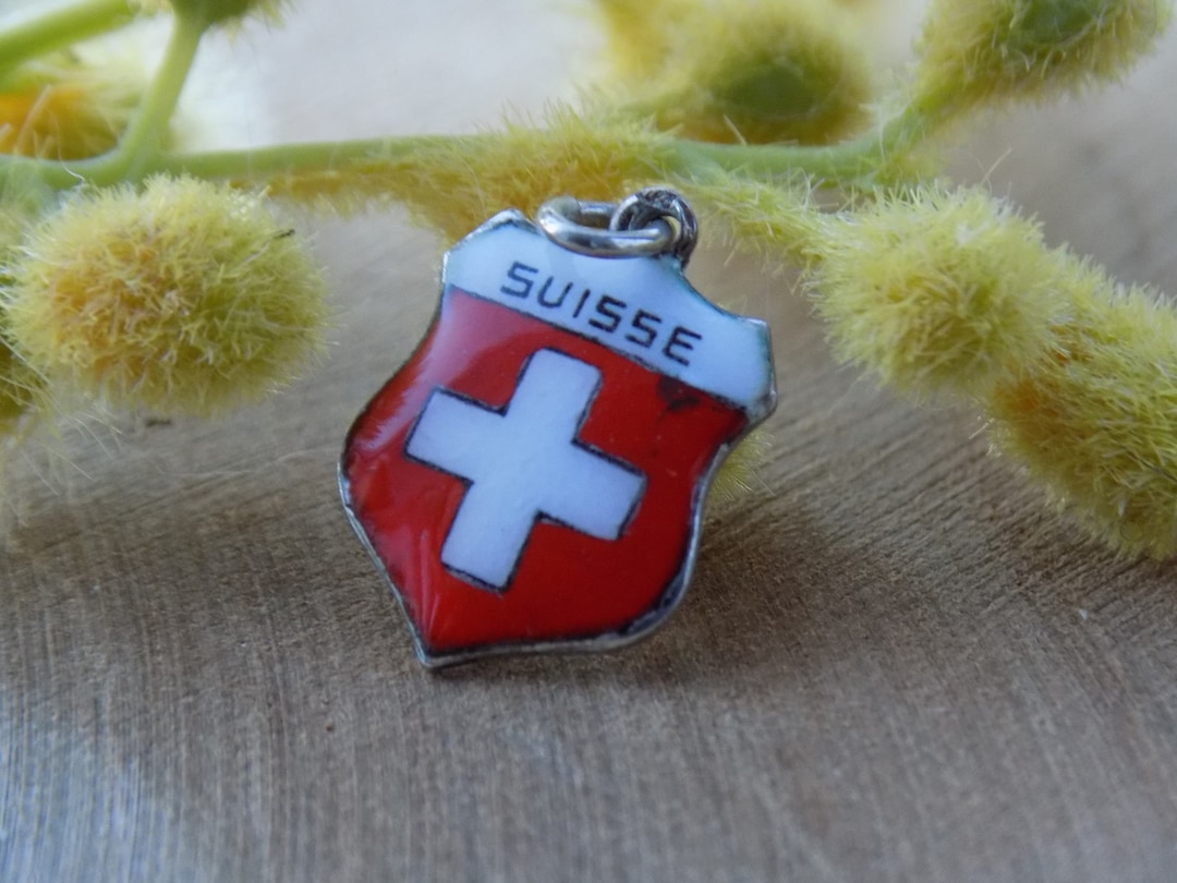 SILVER ENAMEL TRAVELER Charm Shield Suisse.835 Sterling Silver Coat of ...