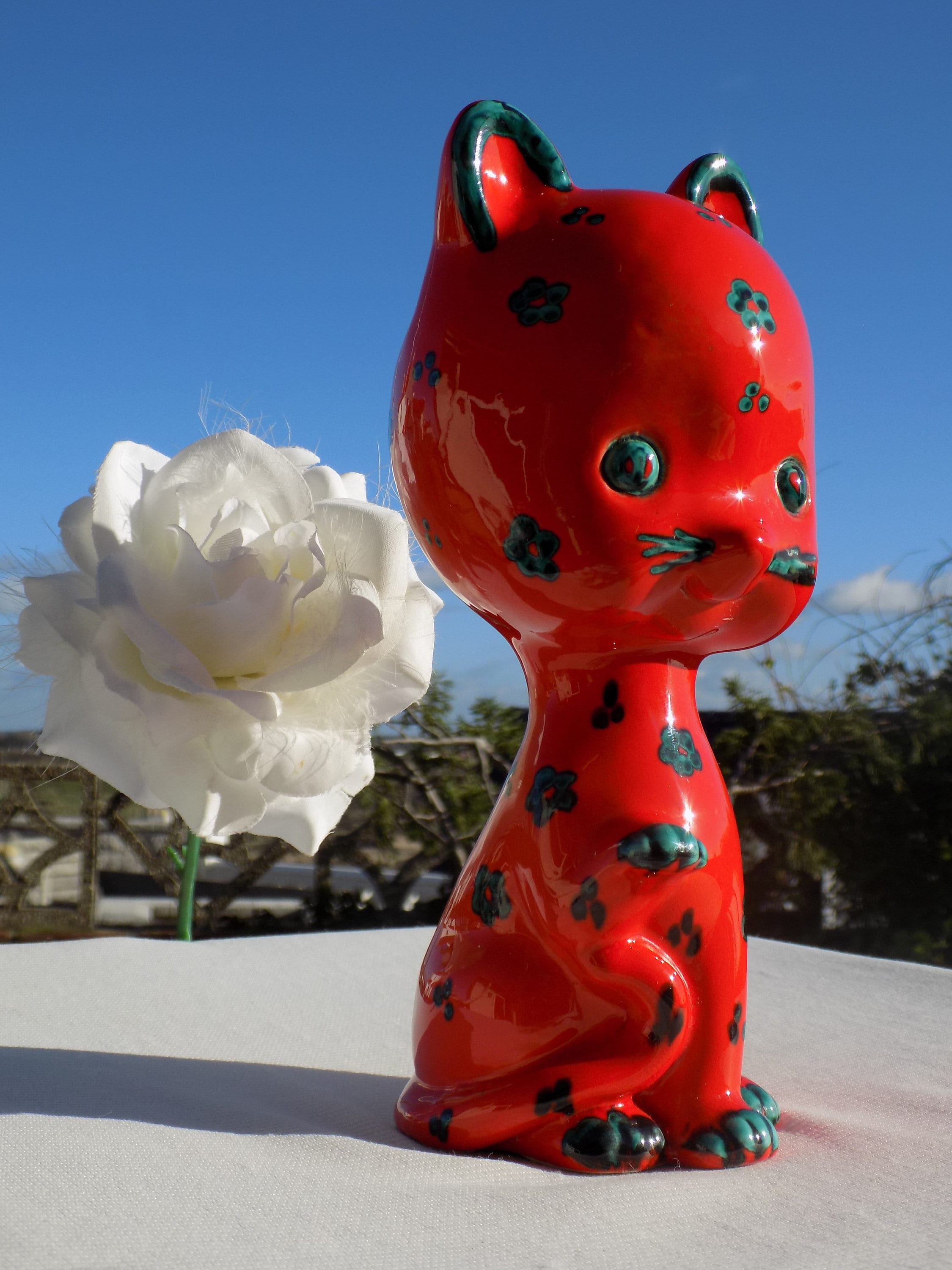 VINTAGE CERAMIC MADE In Italy 1037 Red Floral Decorated Cat | Etsy