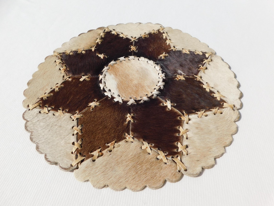 ROUND ANIMAL SKIN Leather Patchwork Tablecloth.serrated Vintage 31.5cm ...