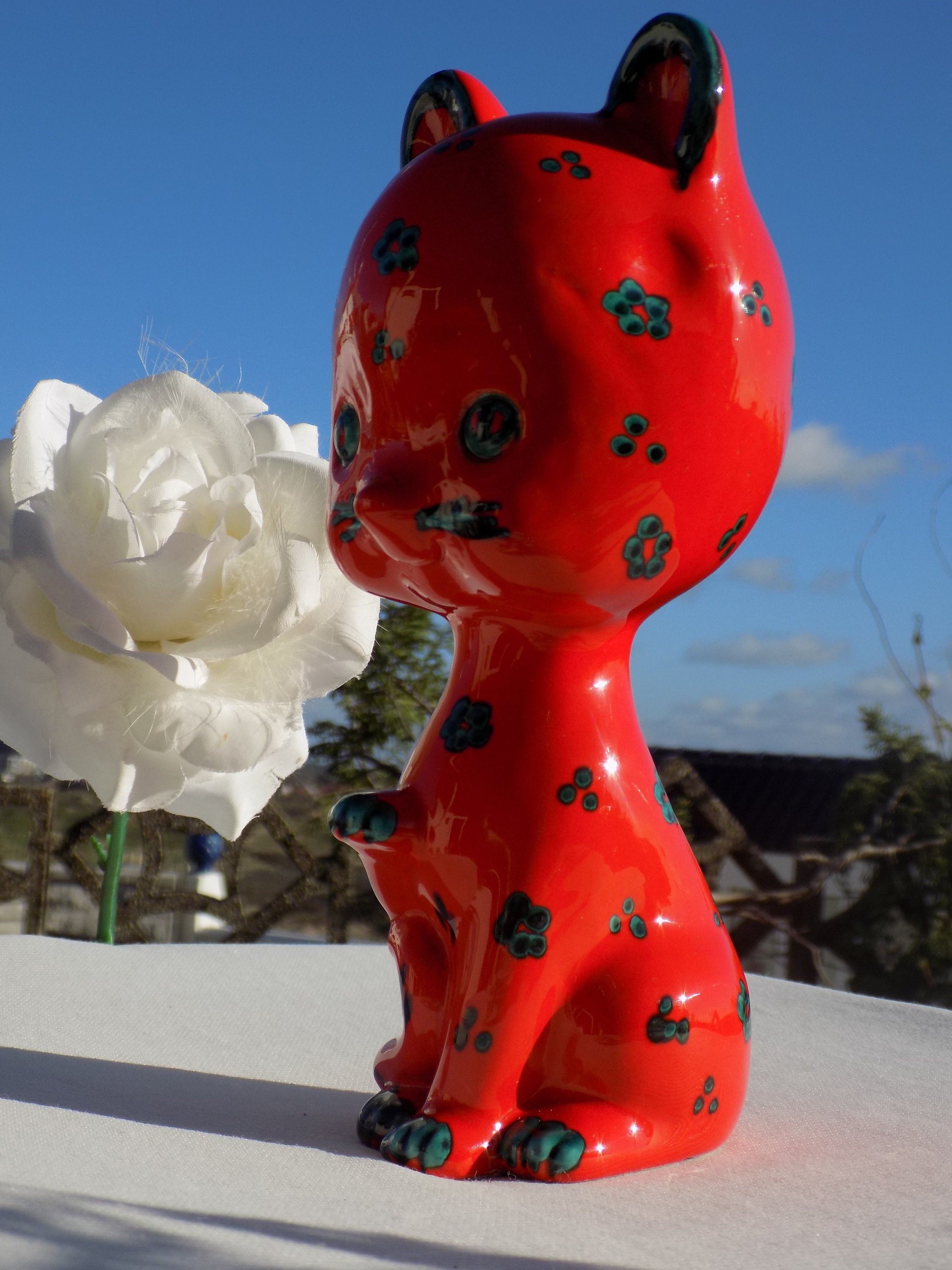 VINTAGE CERAMIC MADE in Italy 1037 Red Floral Decorated Cat Figurine ...