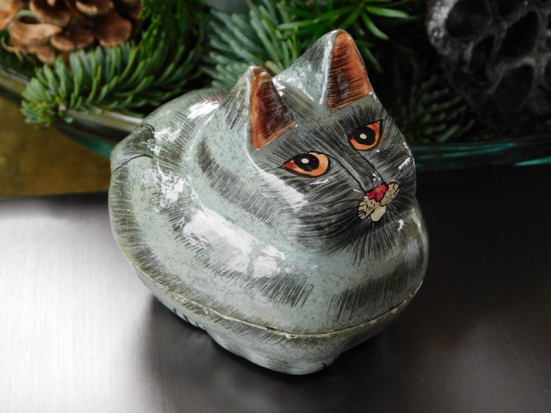 CAT SHAPED LACQUERED Trinket Box.vintage Gray Striped Cat Shaped ...