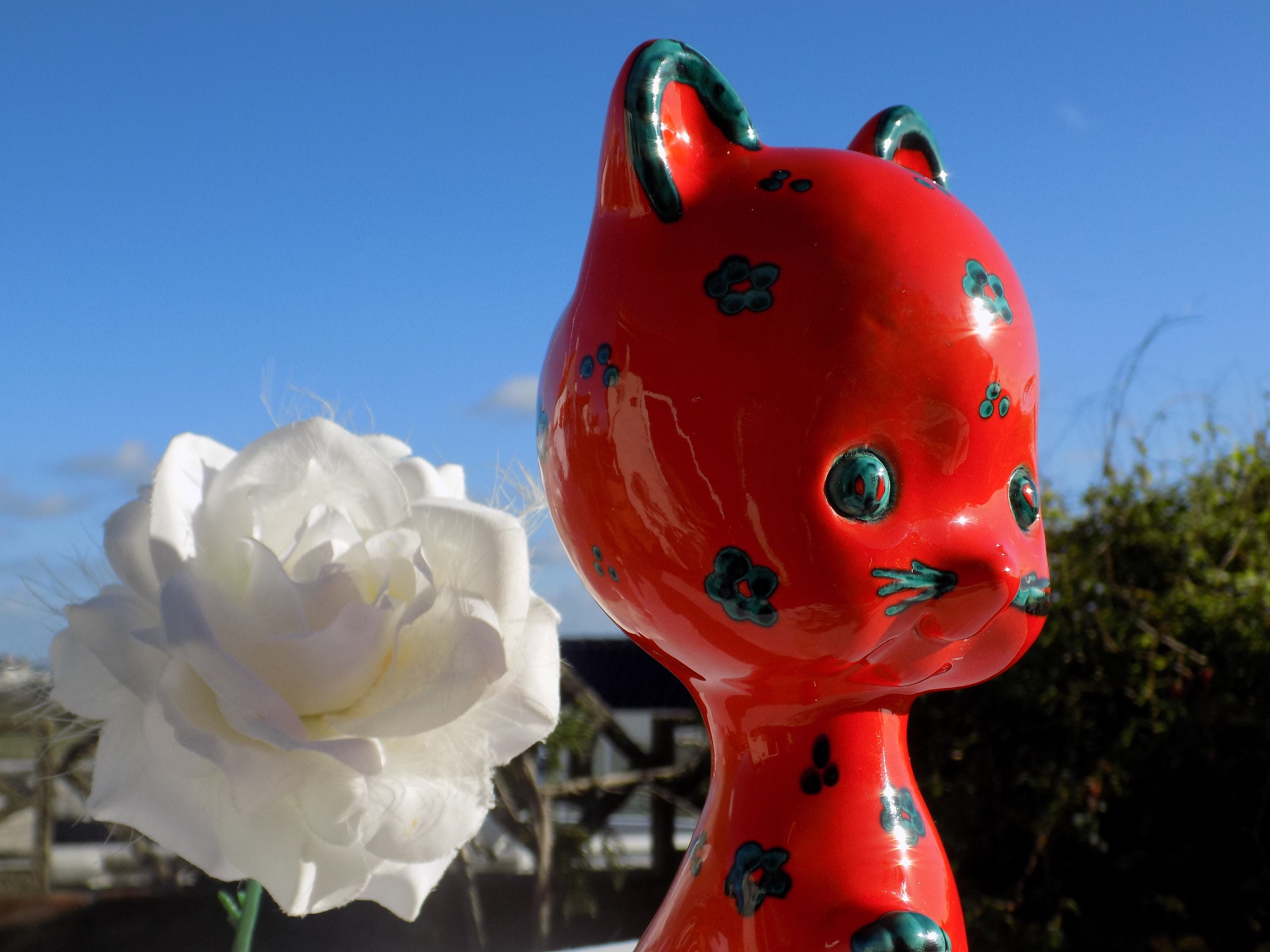 VINTAGE CERAMIC MADE In Italy 1037 Red Floral Decorated Cat | Etsy