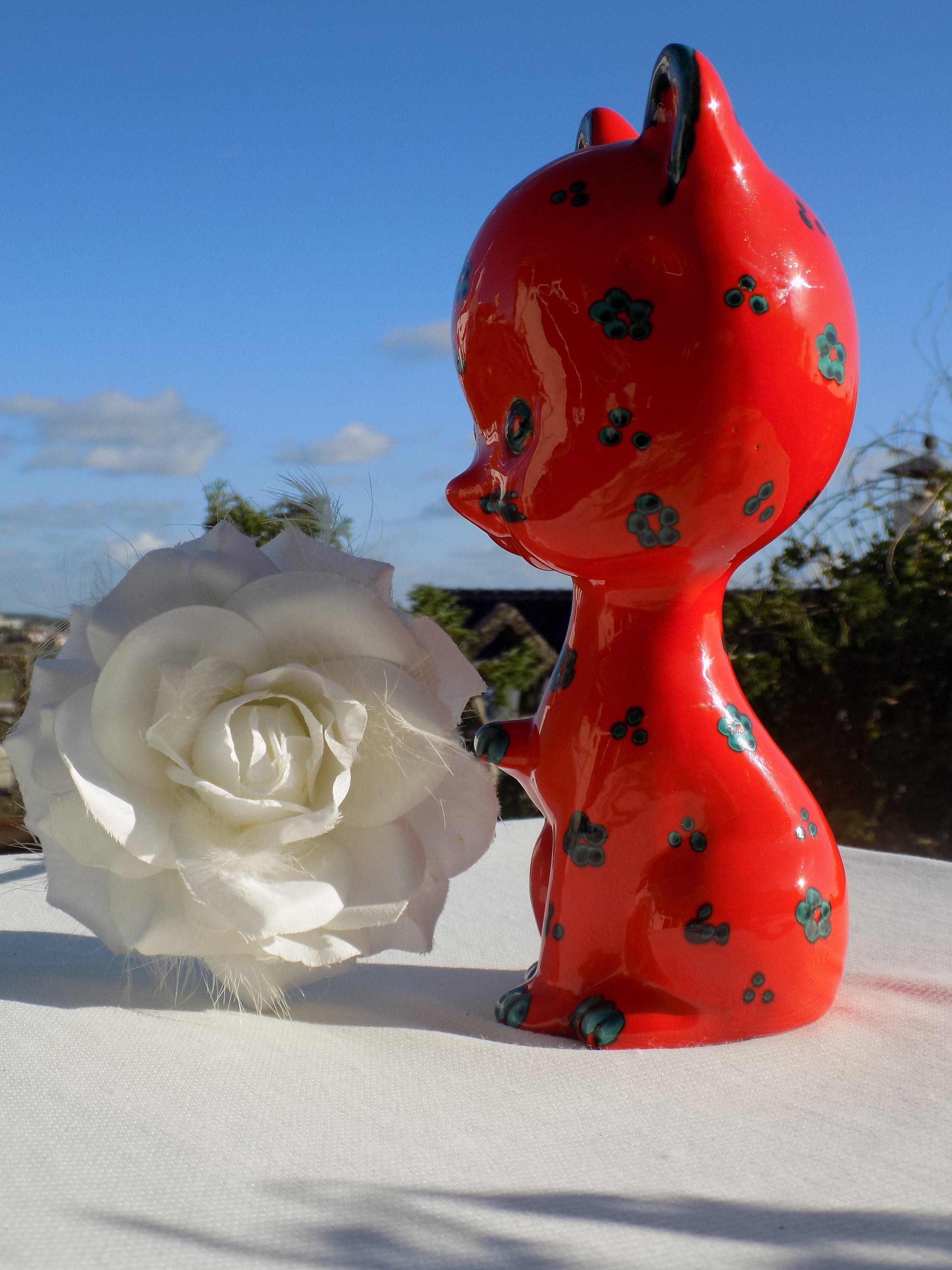 VINTAGE CERAMIC MADE in Italy 1037 Red Floral Decorated Cat Figurine ...