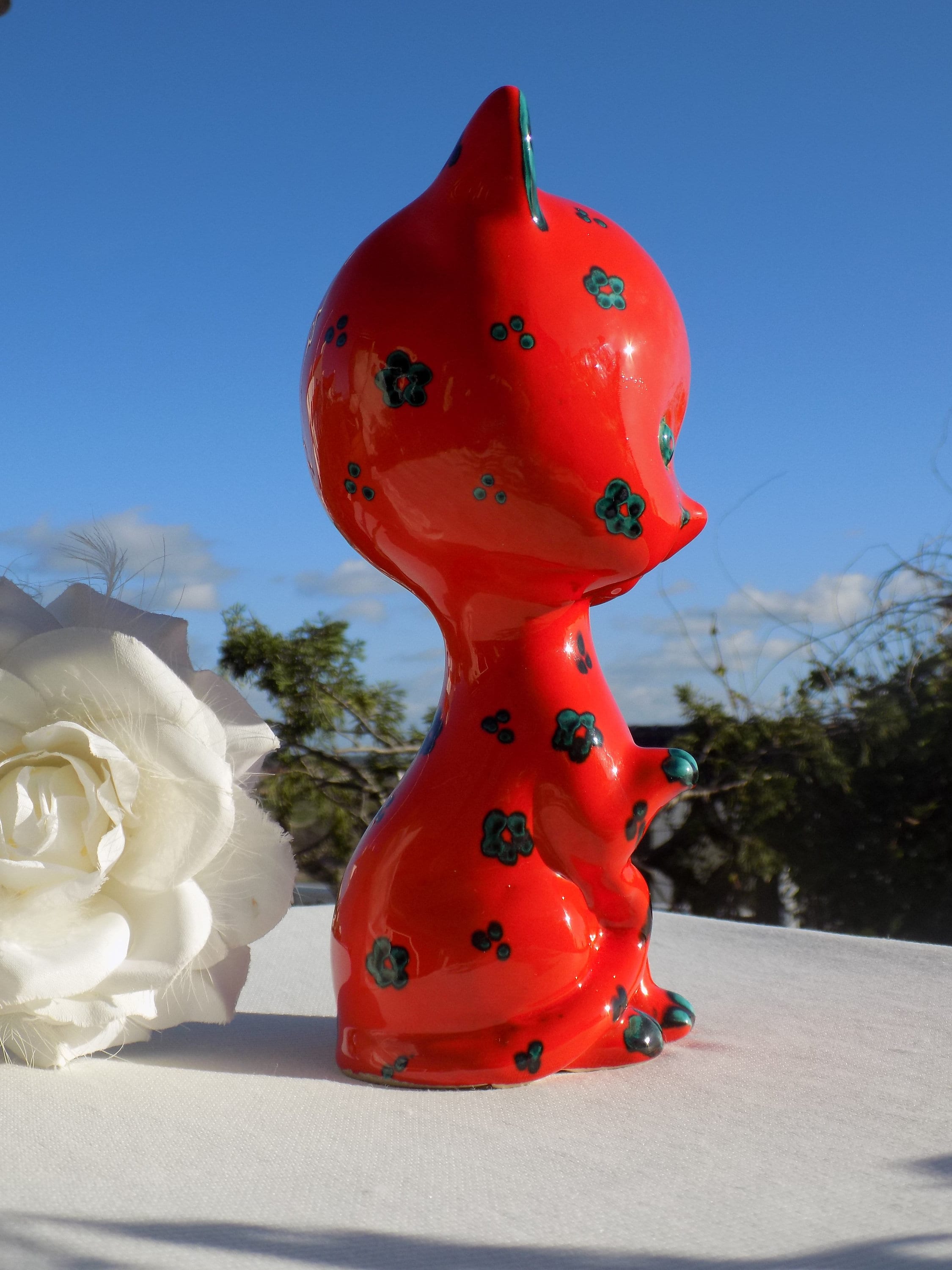VINTAGE CERAMIC MADE In Italy 1037 Red Floral Decorated Cat | Etsy