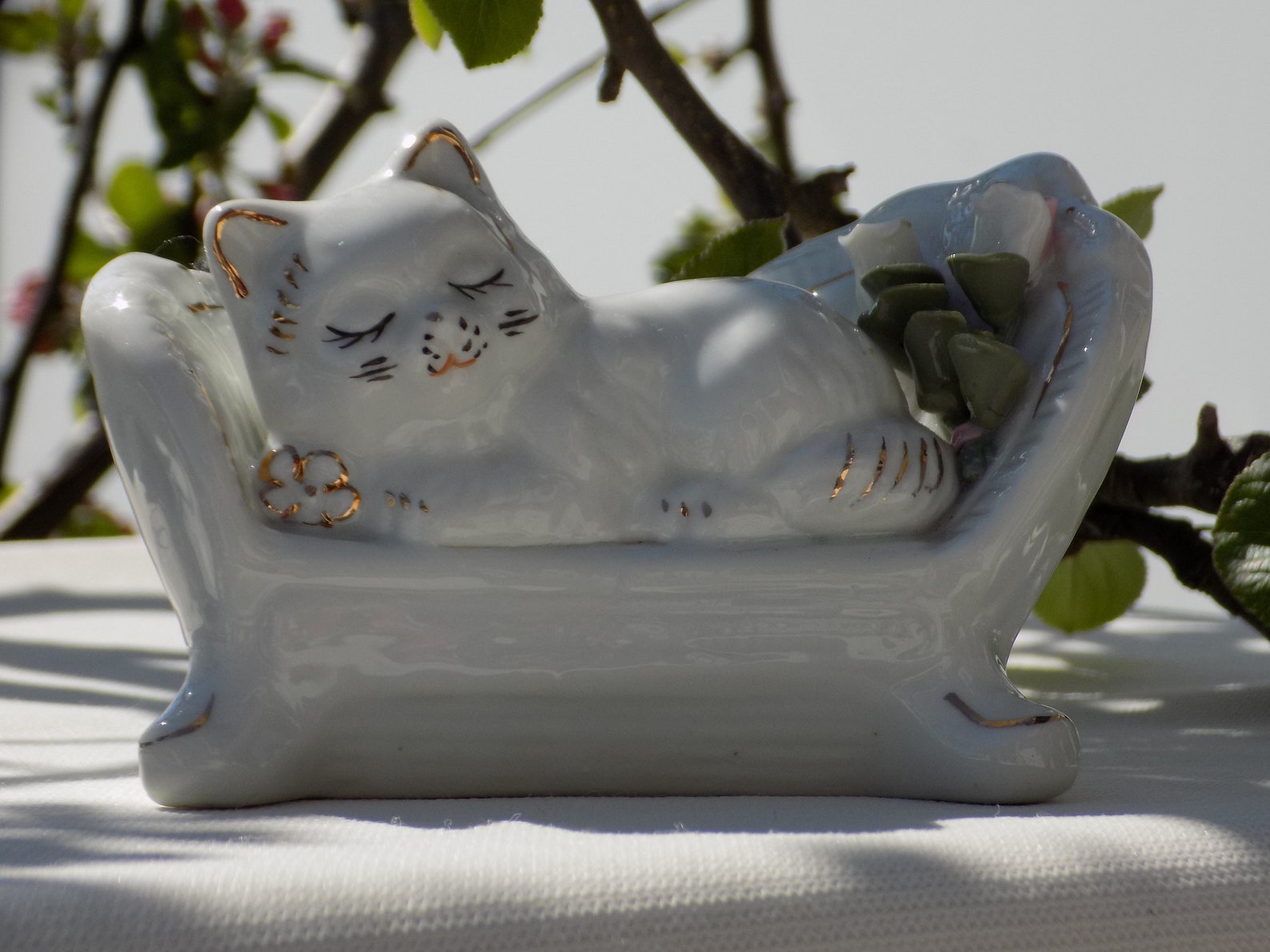 VINTAGE PORCELAIN CAT Figurine.Cat With Flowers Statue.Cat | Etsy