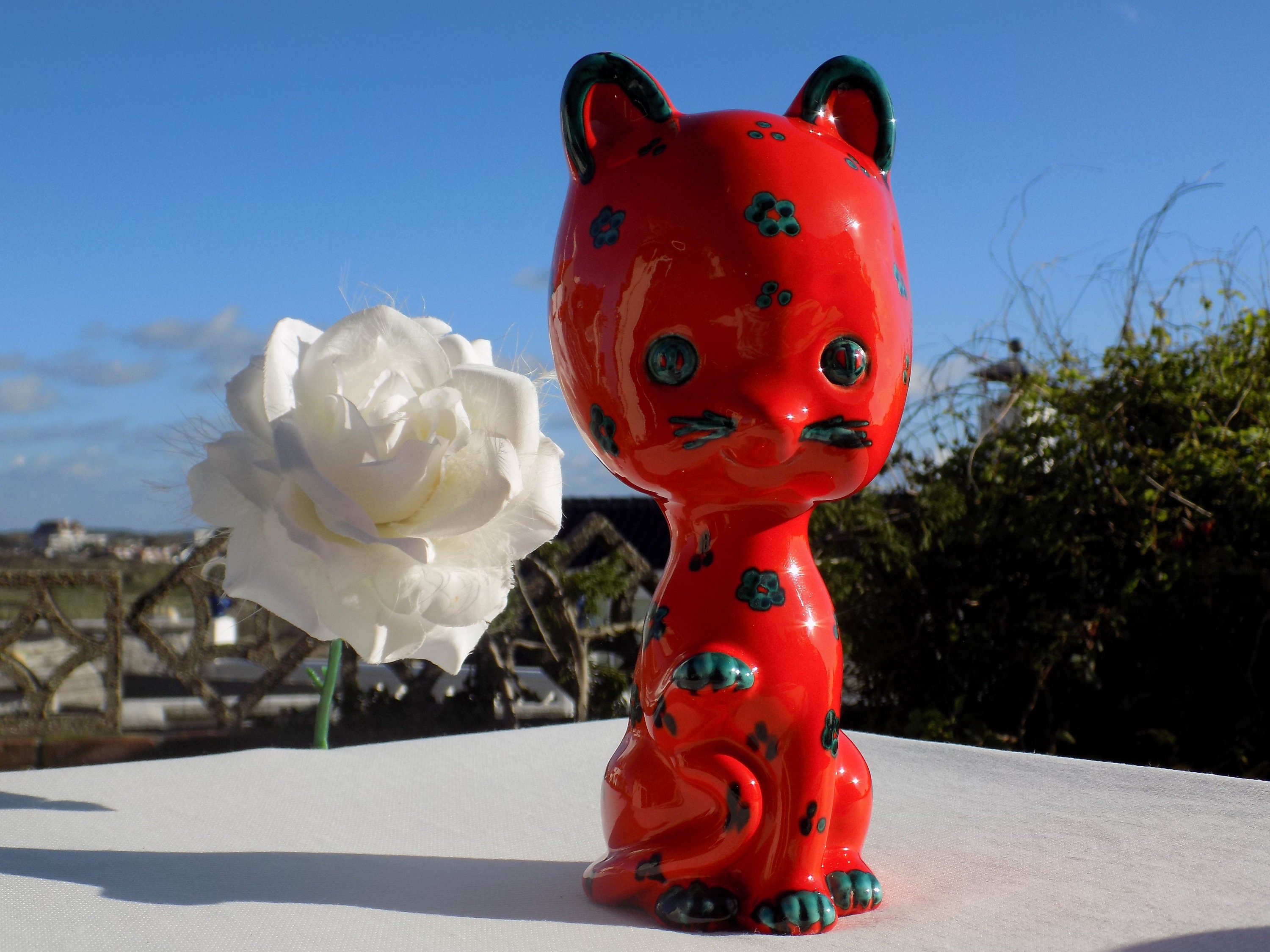 VINTAGE CERAMIC MADE In Italy 1037 Red Floral Decorated Cat | Etsy