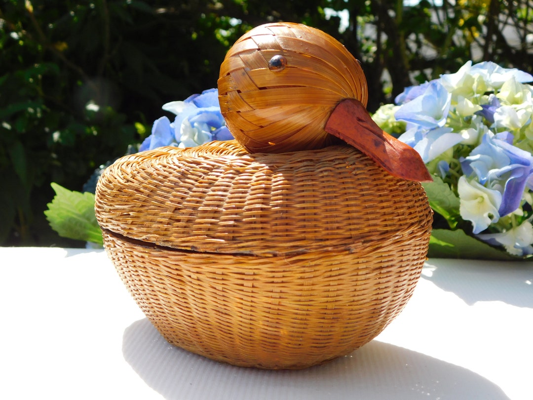WOVEN WICKER RATTAN Duck Basket.vintage 60s Duck Basket.wooden Duck ...