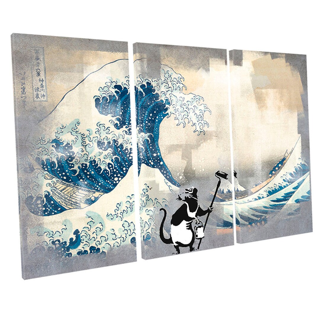 The Great Wave Banksy Painter Urban TREBLE Canvas Art Print Box Framed ...