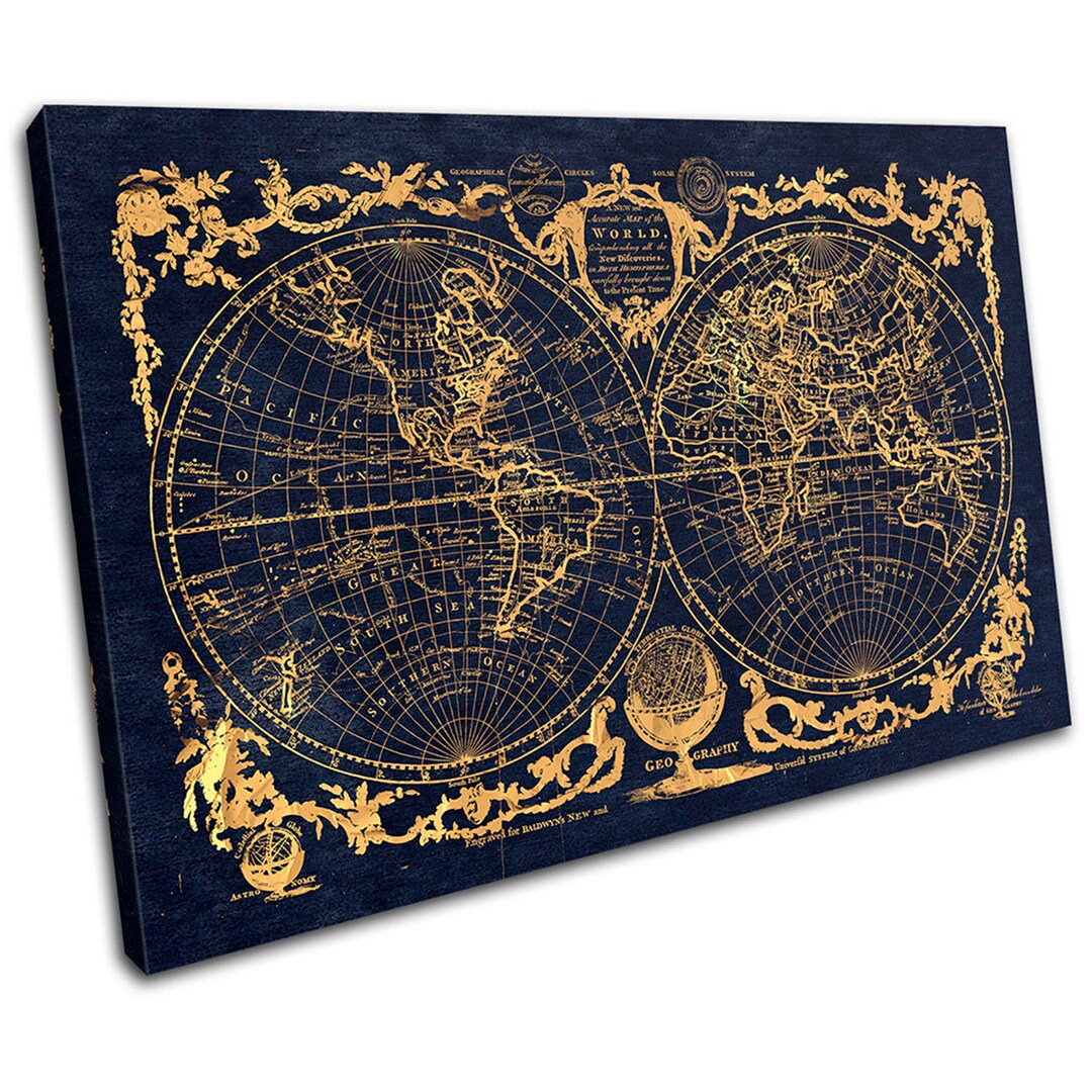 Vintage Navy Gold Effect World Maps Flags SINGLE Canvas Art Print Box ...