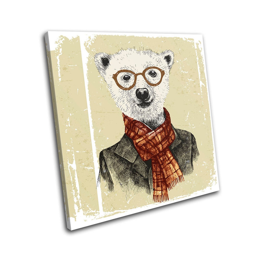 Hipster Animals Bear Glasses Vintage SINGLE Canvas Art Print Box Framed ...
