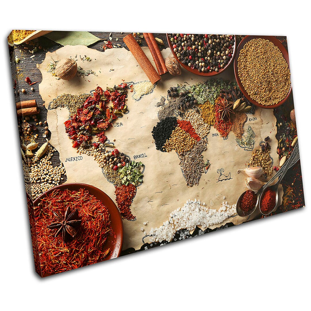 Spices World Map Atlas Food Kitchen SINGLE Canvas Art Print Box Framed ...