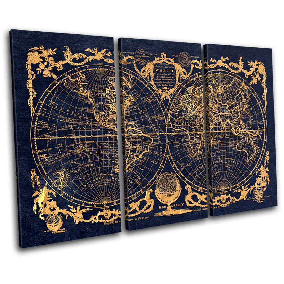 Vintage Navy Gold World Maps Flags TREBLE Canvas Art Print Box Framed ...