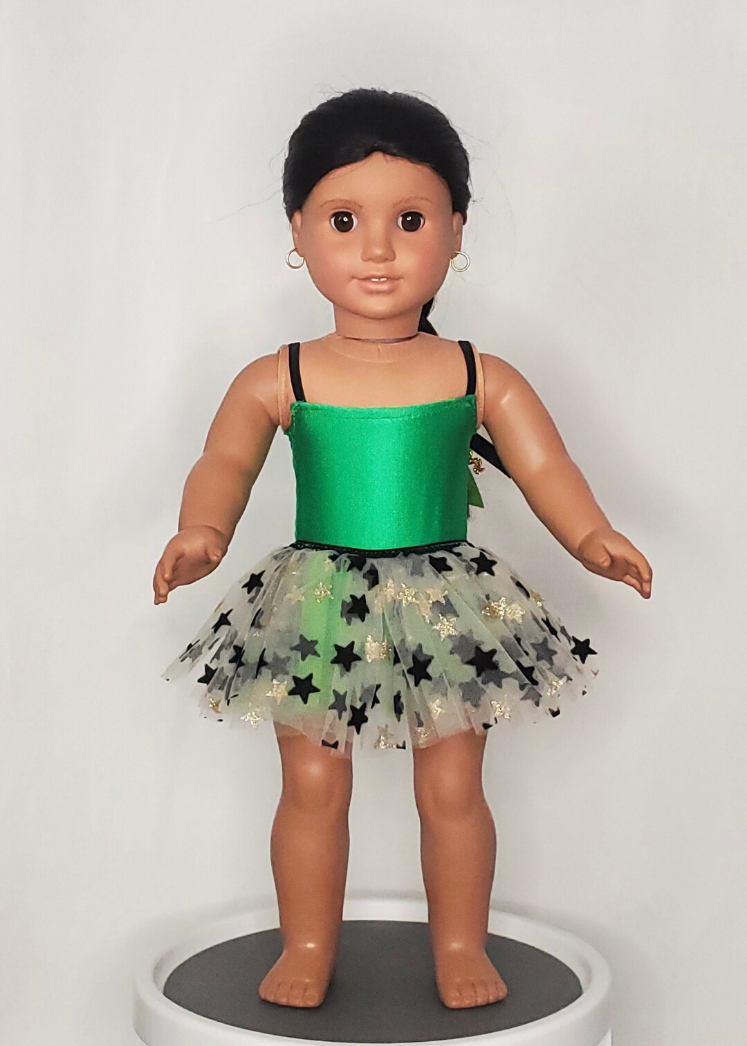 Green Leotard With Black And Gold Stars Tulle W Hair Bow Barrette Ballerina Costume For 18 Inch