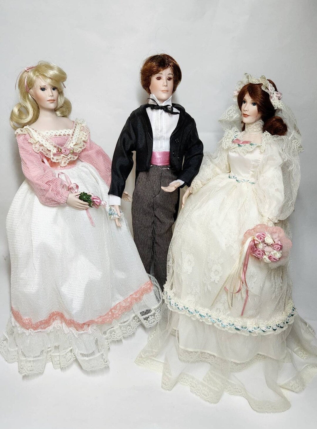 Set of 3, Exquisite Porcelain Dolls, Bride, Groom and Maid of Honor ...