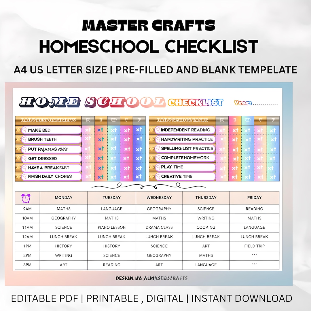 Editable Homeschool Checklist Printable | Canva Template Daily School ...