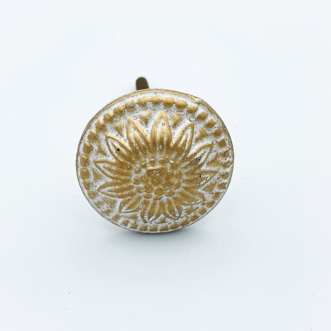 Embossed Metal Cabinet Knob White Gold Distressed Farmhouse Drawer Pull ...