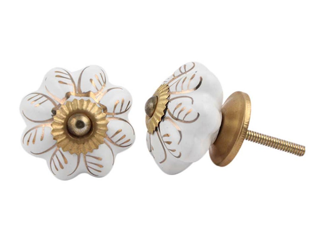 White Ceramic Scallop Cabinet Knob Golden Accent Furniture Handle - Etsy