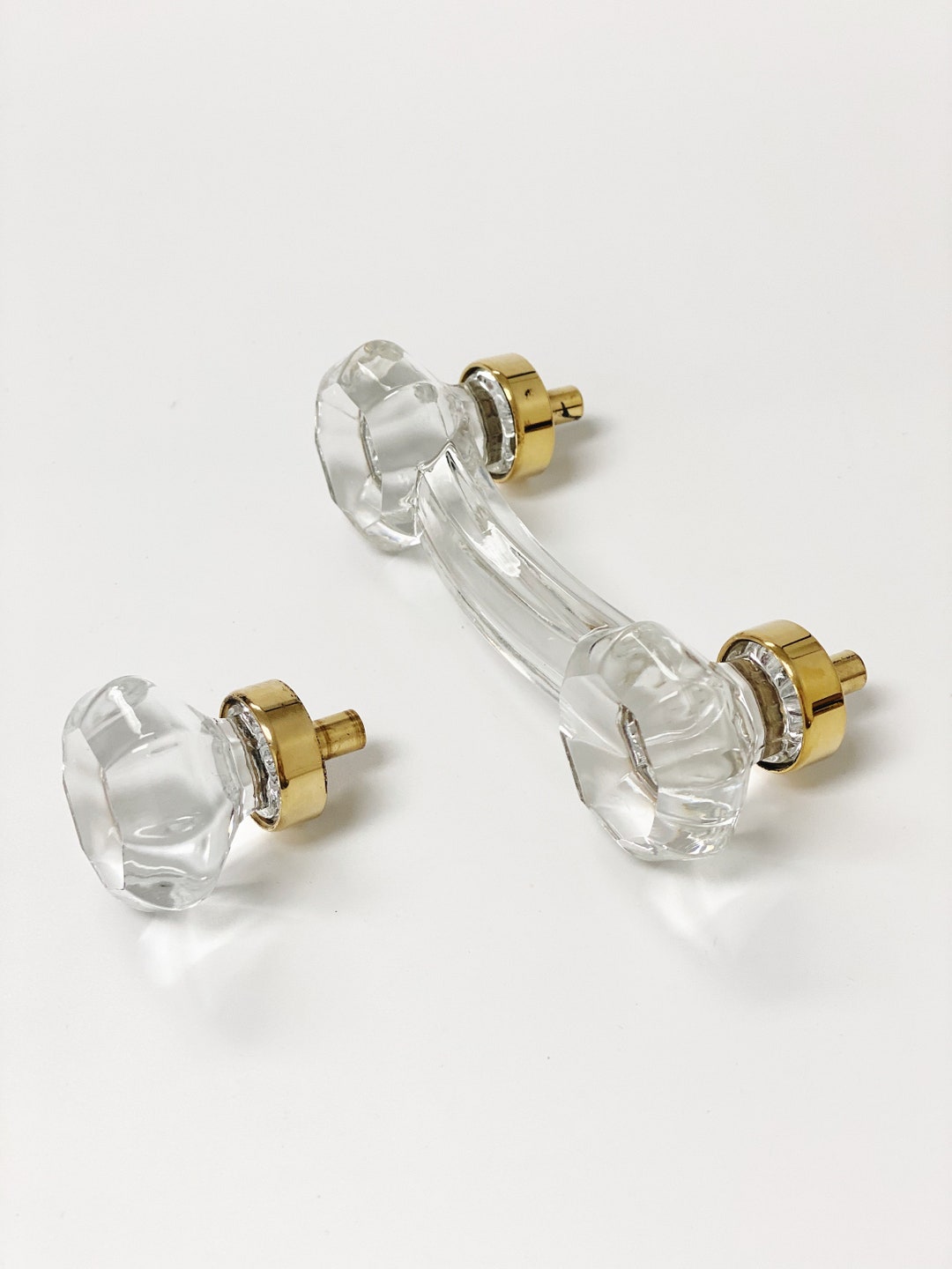 Unlacquered Polished Brass and Clear Glass Cabinet Knob and Drawer Pull ...