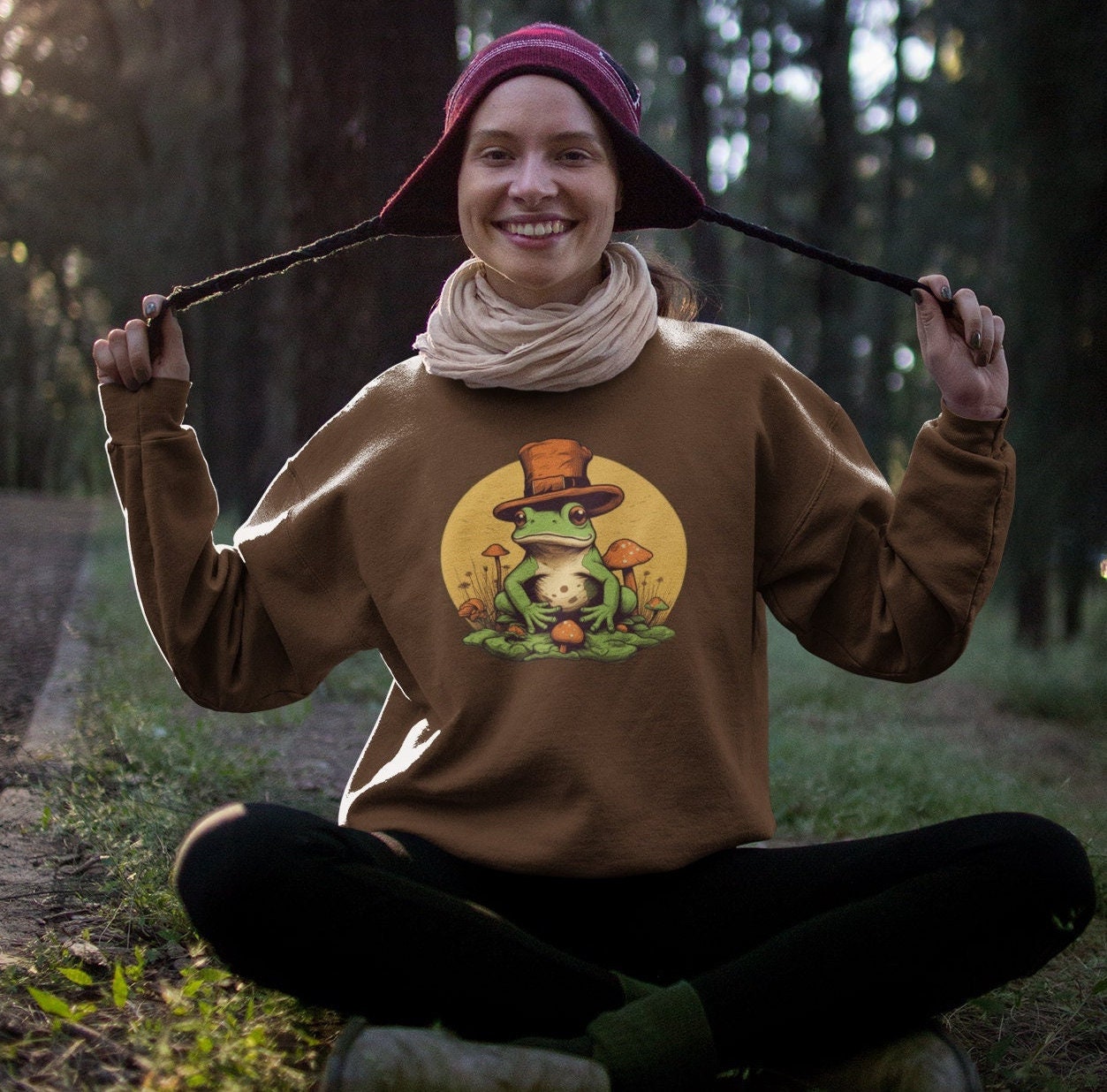 Goblincore Mushroom Sweater With a Cute Frog Wearing a Hat A Wonderful ...