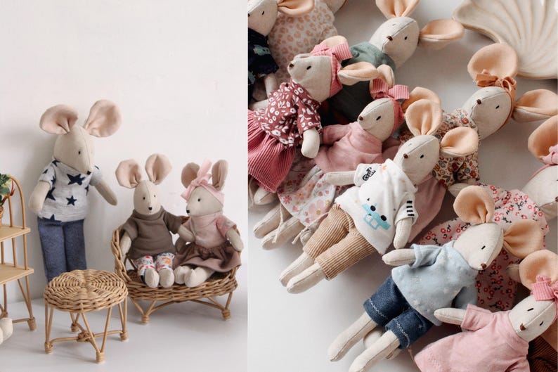 Linen Mouse Family Dolls Set, Dollhouse Mini Mice, Handmade Waldorf ...