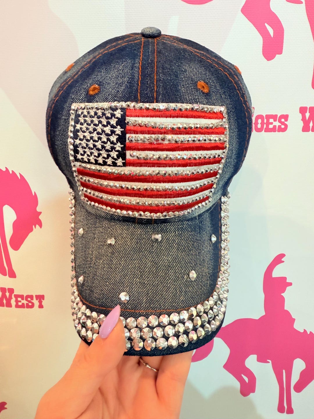 Jeans Cap With USA Flag and Rhinestones | Glitter Baseball Cap in ...